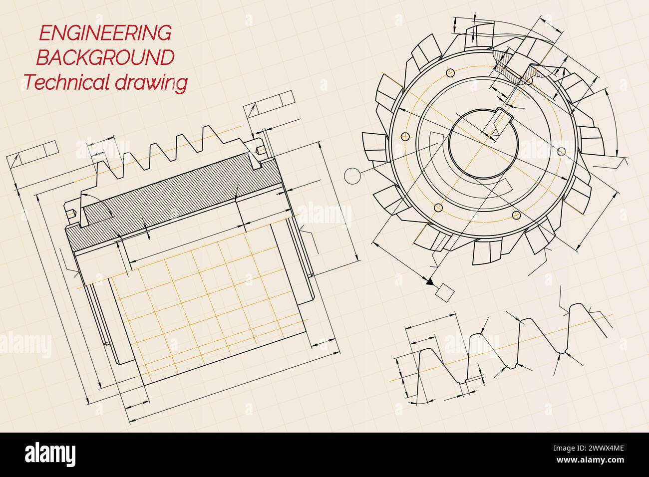Mechanical engineering drawings on beige technical paper background ...