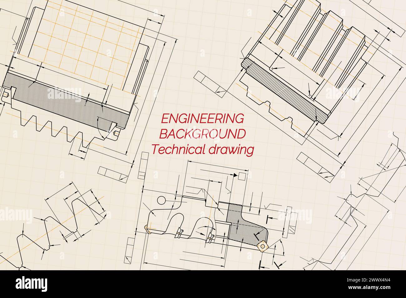 Mechanical engineering drawings on beige technical paper background ...