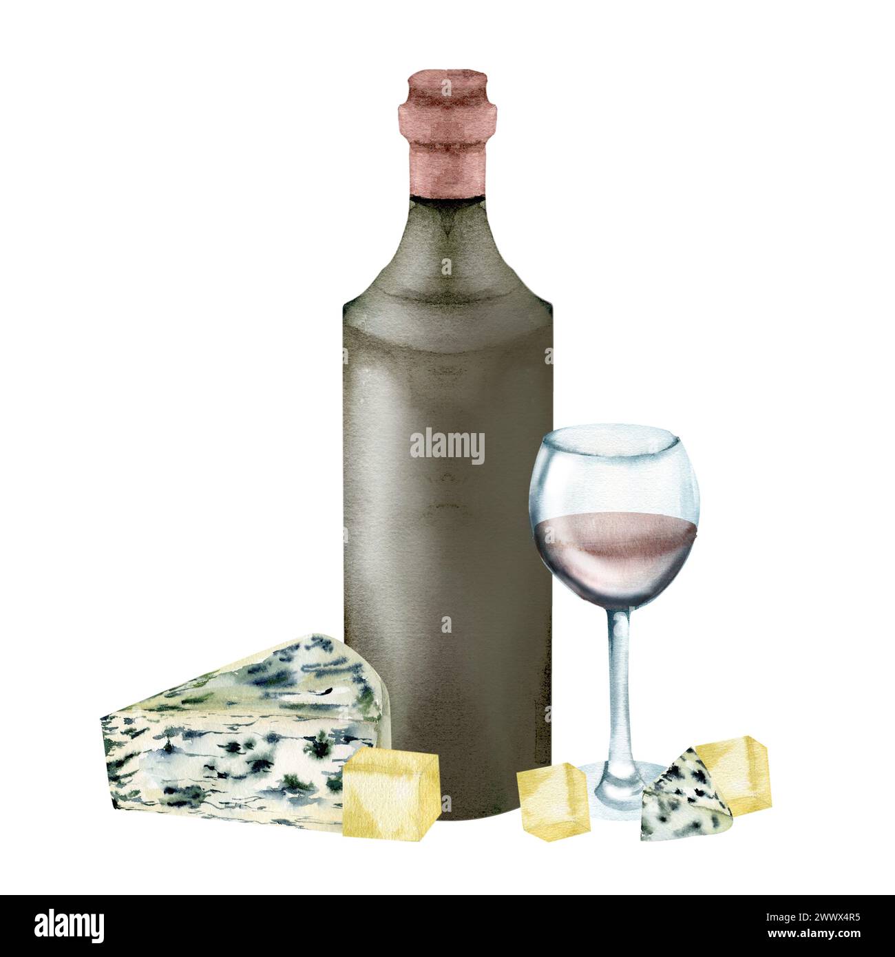Cheese brie and pieces with red wine bottle, glass illustration, Cut ...