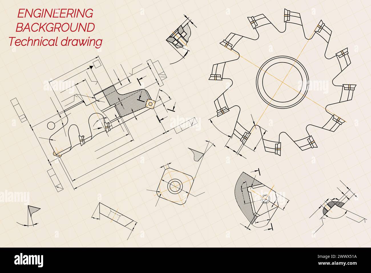 Mechanical engineering drawings on beige technical paper background ...