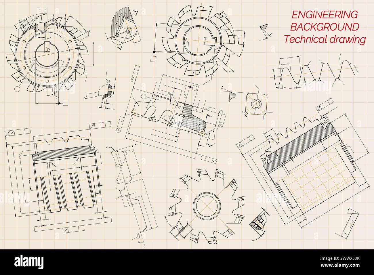 Mechanical engineering drawings on beige technical paper background ...