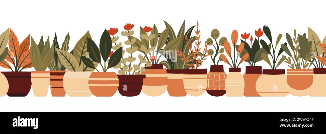 Vector seamless cozy border with house plants in various pots isolated ...