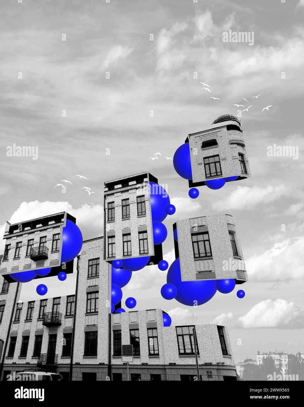 Abstract geometric black and white modern building with blue geometric ...