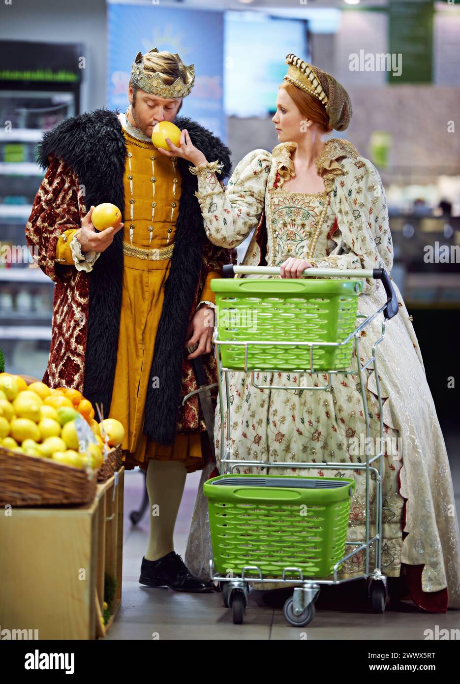 Royal couple, supermarket and king with queen, conversation and ...