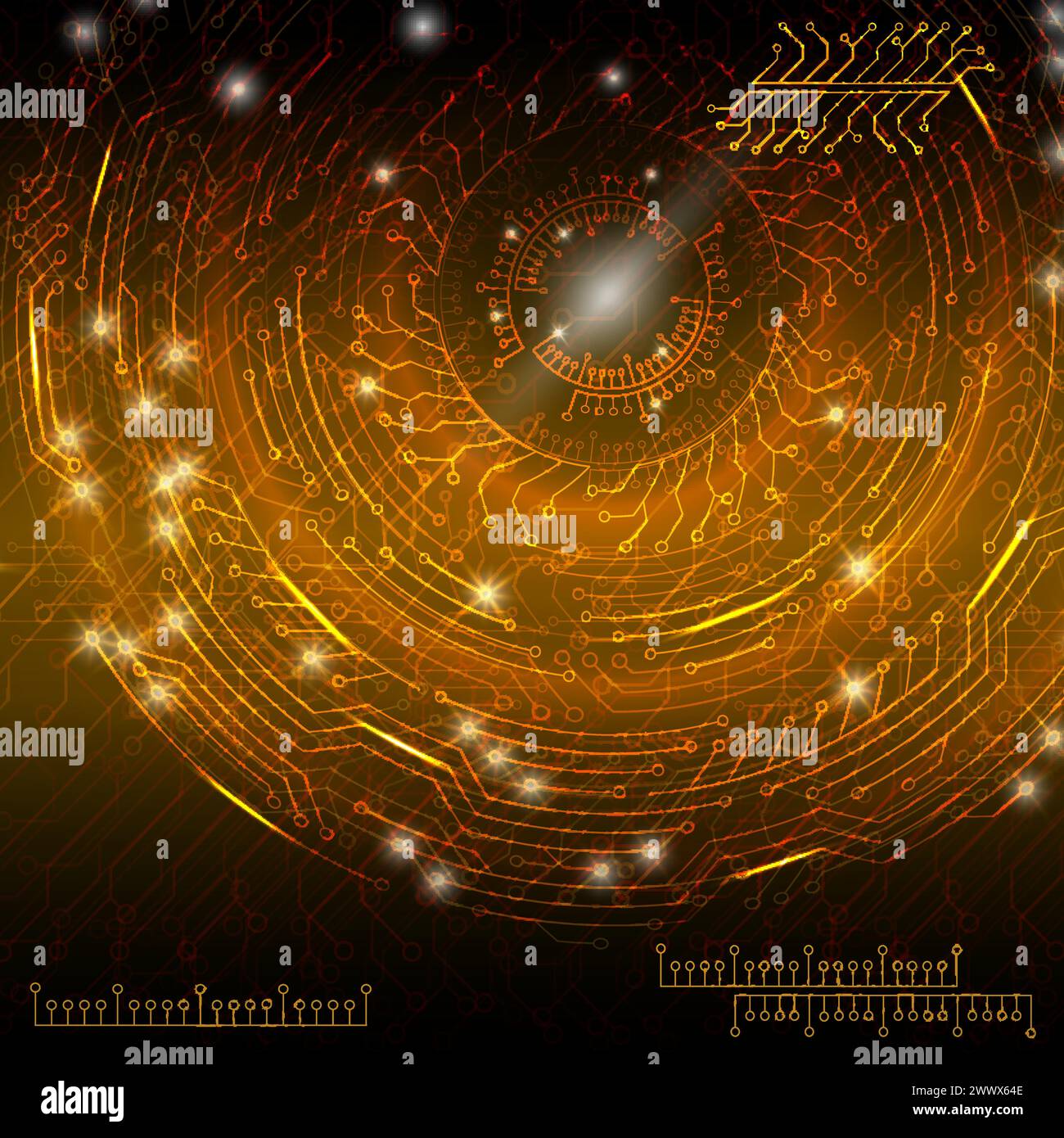 Orange abstract digital technological background with various rotating ...