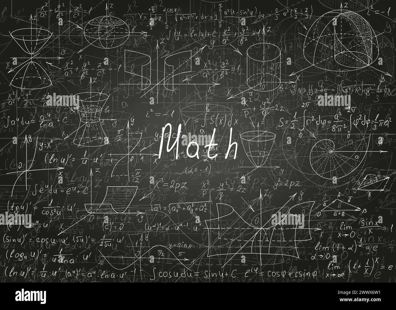 Mathematical formulas drawn by hand on a black unclean chalkboard for ...