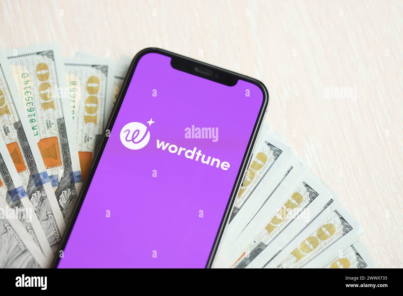 KYIV, UKRAINE - MARCH 17, 2024 Wordtune logo on iPhone display screen ...