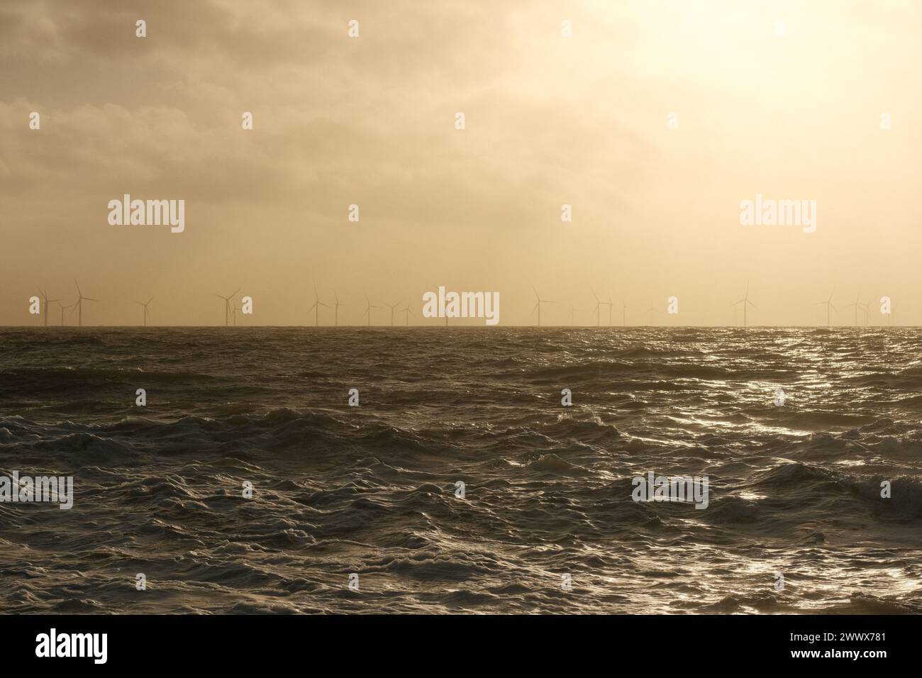 The wind turbines on the horizon at dusk by the ocean Stock Photo - Alamy
