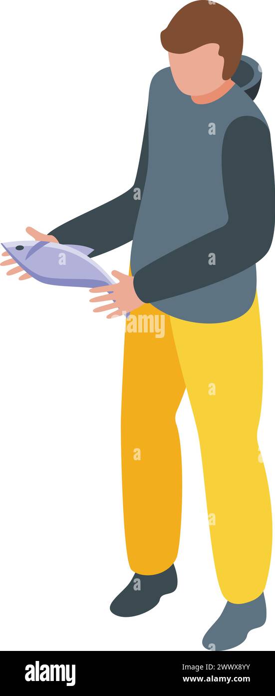 Fisherman with catch icon isometric vector. Aquatic hobby. Sea angler ...