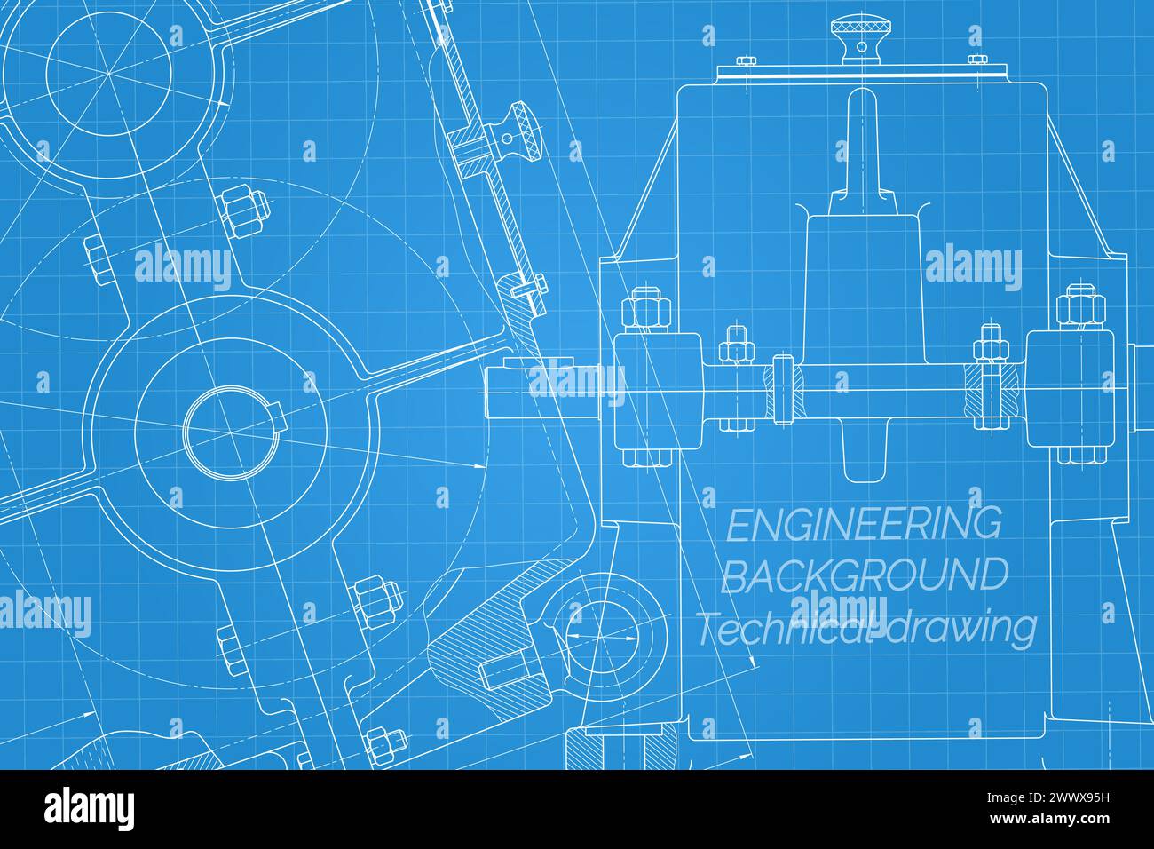 Mechanical engineering drawings on blue background. Reducer. Technical ...