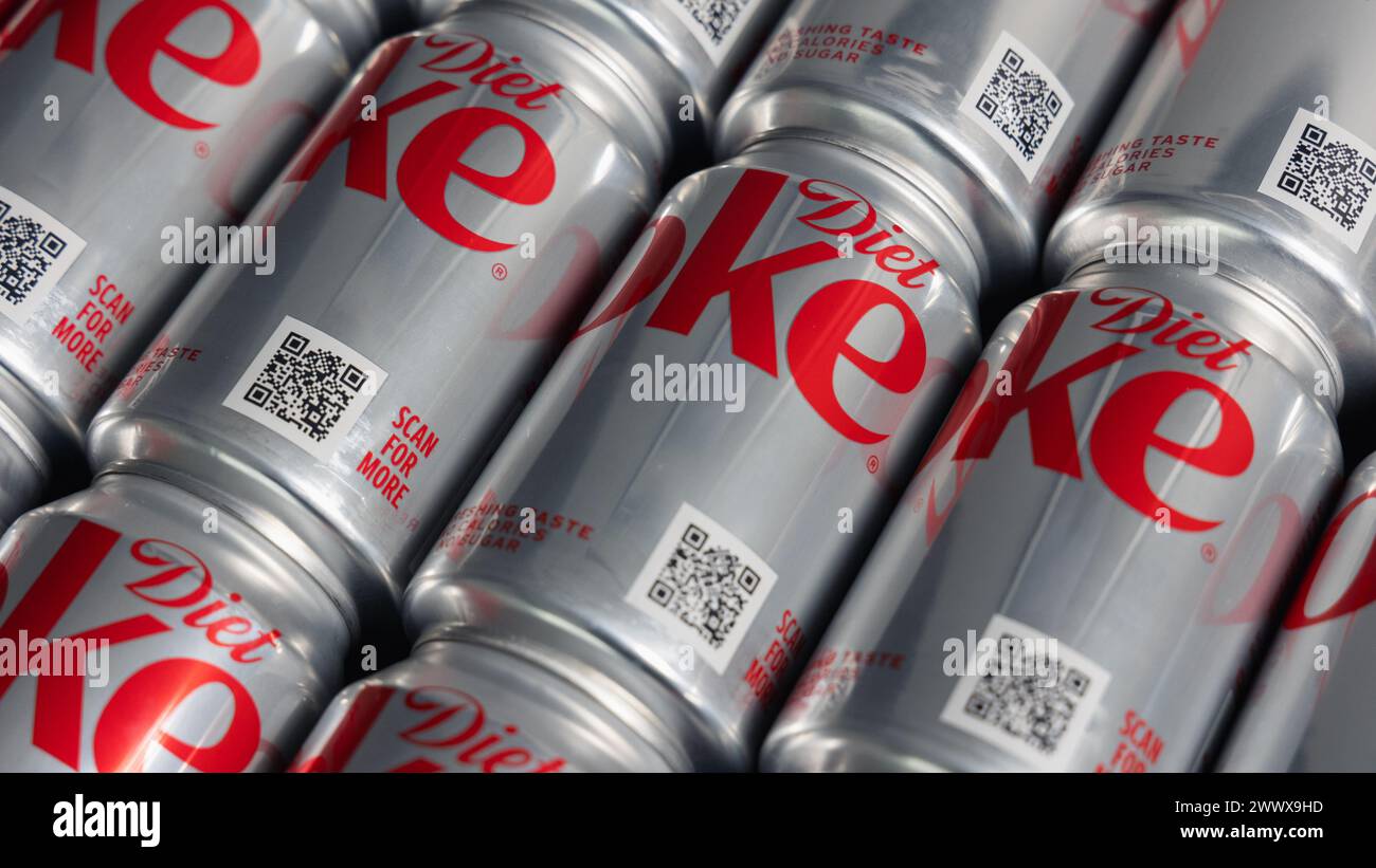 LONDON - MARCH 26, 2024: Diet Coke Soda Drinks Silver Tinned Cans Stock ...