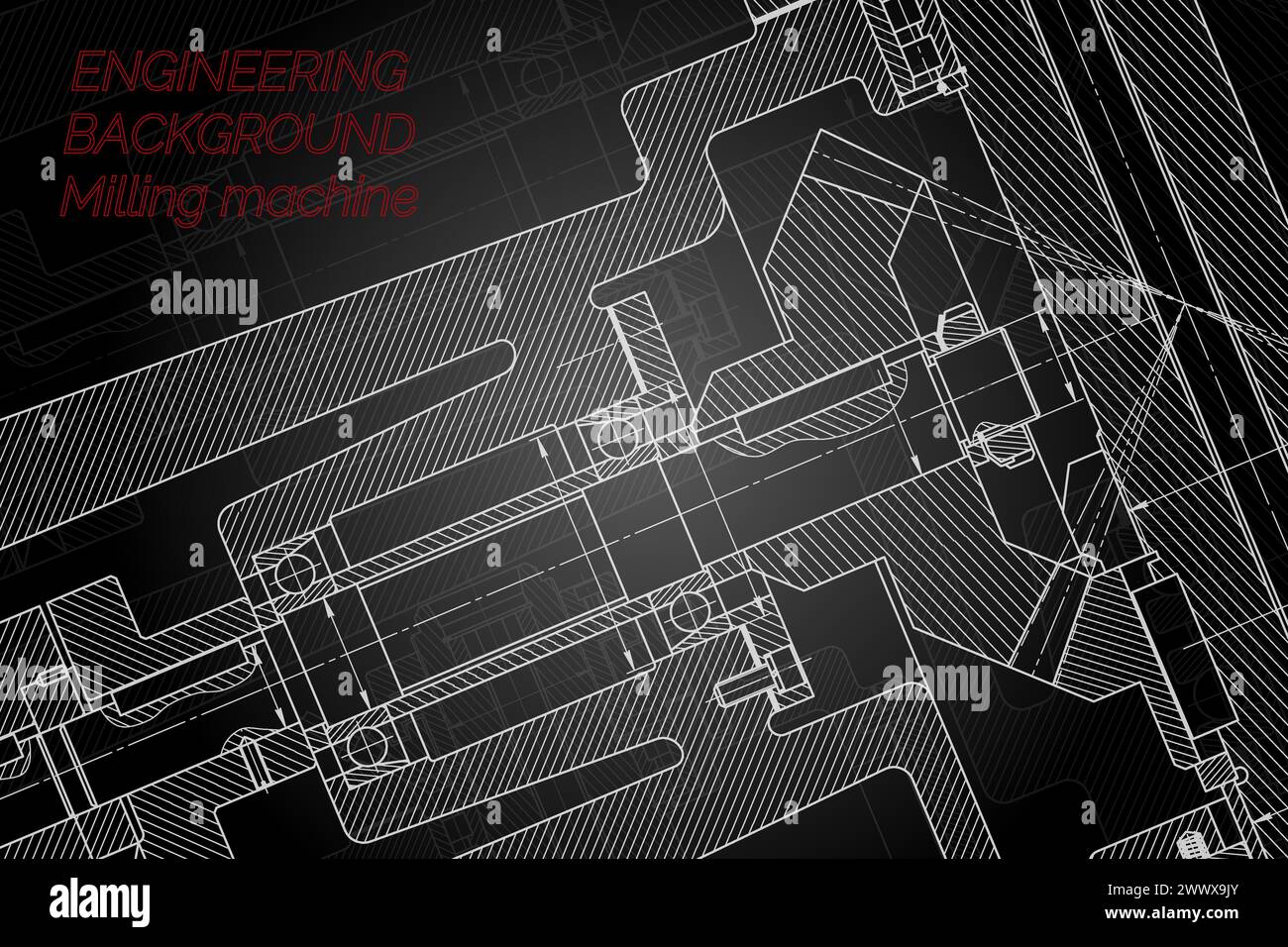 Mechanical engineering drawings on black background. Milling machine ...