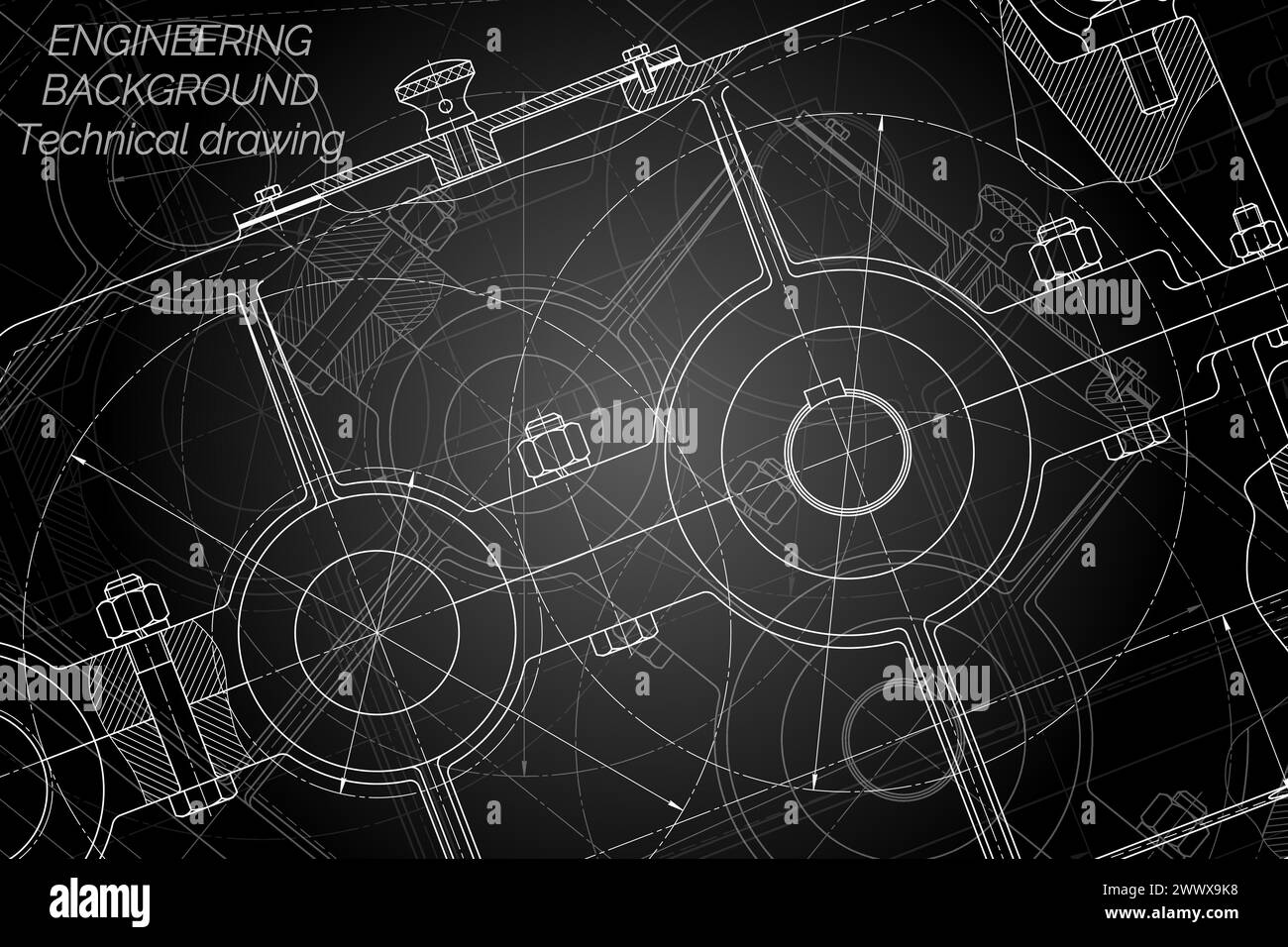 Mechanical engineering drawings on black background. Reducer. Technical ...