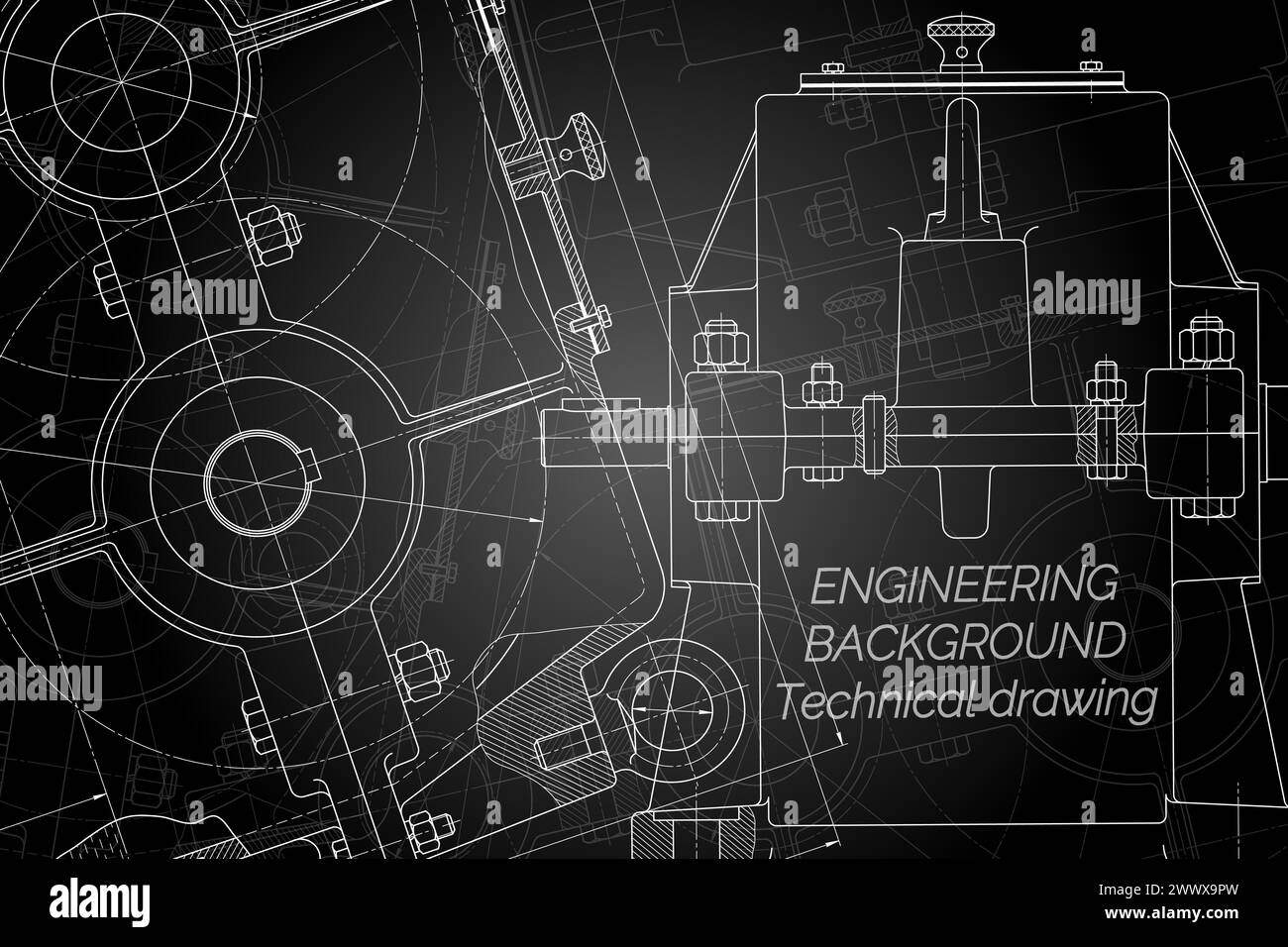 Mechanical engineering drawings on black background. Reducer. Technical ...