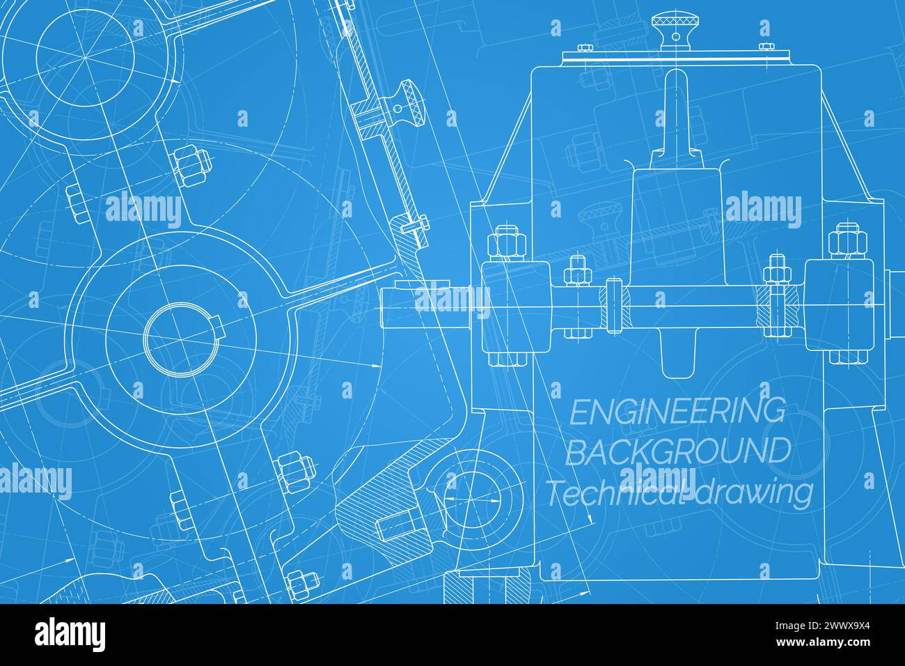Mechanical engineering drawings on blue background. Reducer. Technical ...