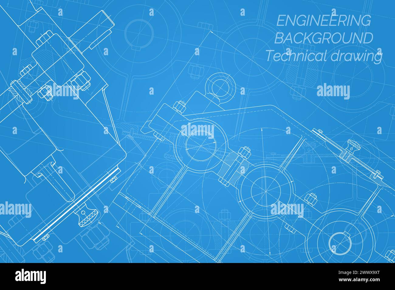 Mechanical engineering drawings on blue background. Reducer. Technical ...