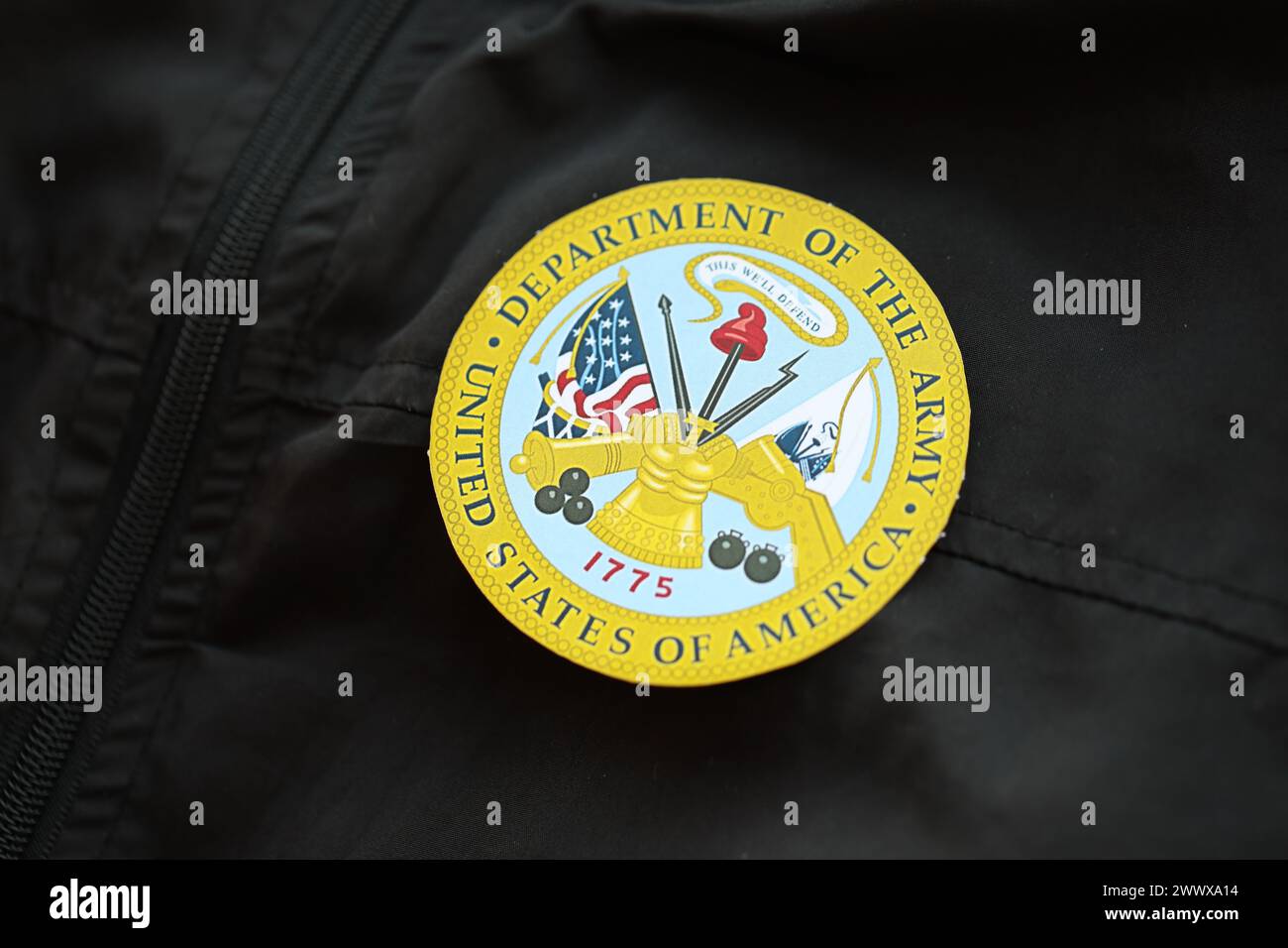 KYIV, UKRAINE - MARCH 9, 2024 US Department of Army seal on black ...