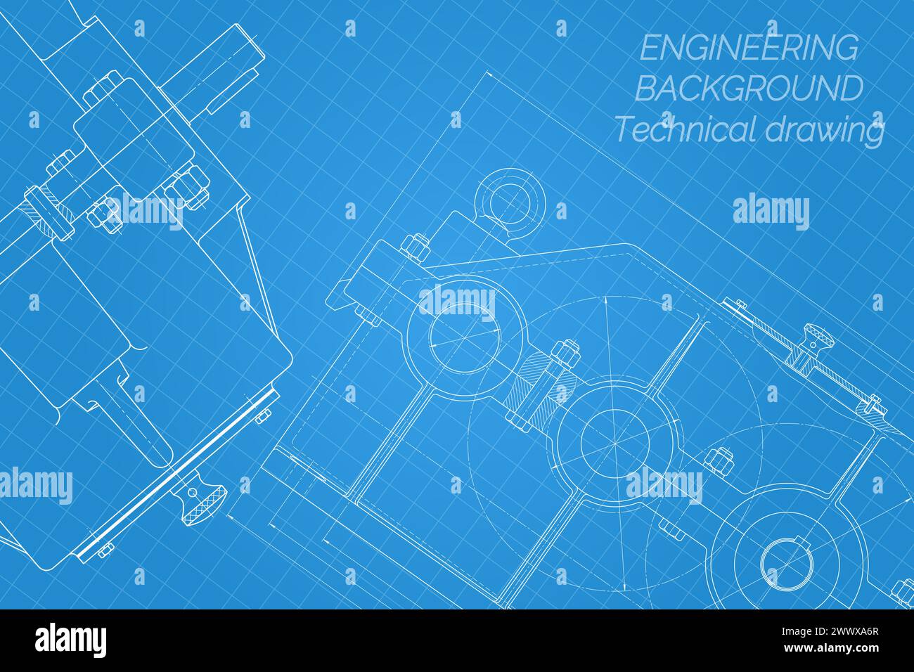 Mechanical engineering drawings on blue background. Reducer. Technical ...