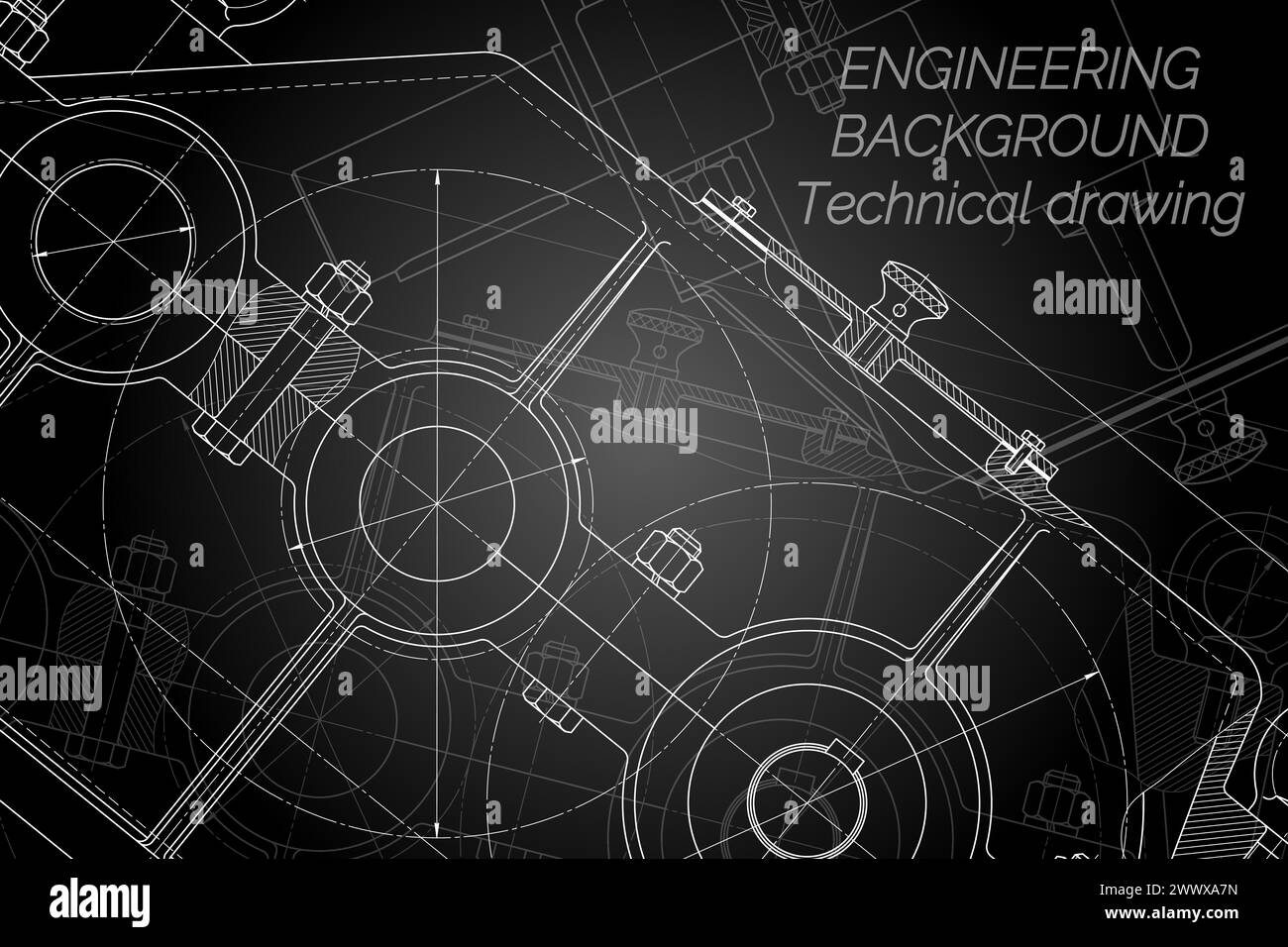 Mechanical engineering drawings on black background. Reducer. Technical ...