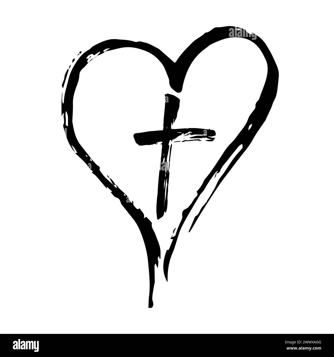 Christian cross and heart drawn by brush, isolated symbols on a white ...
