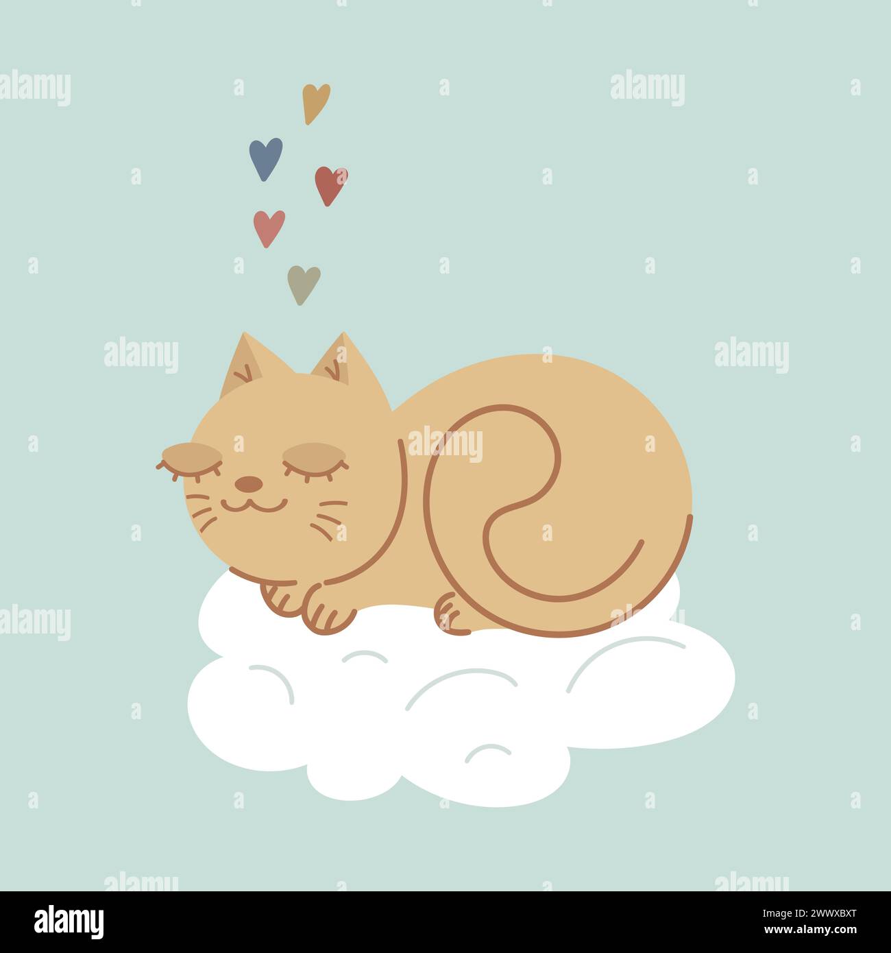 Cute cat sleeping on a cloud. Doodle kitten. Cartoon childish design. Vector illustration Stock ...