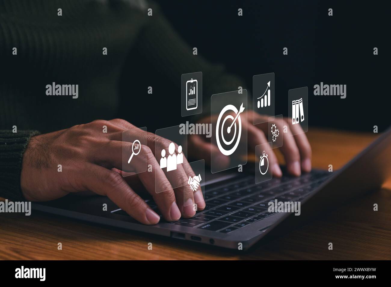 Targeting the business concept, target with digital marketing icons on ...