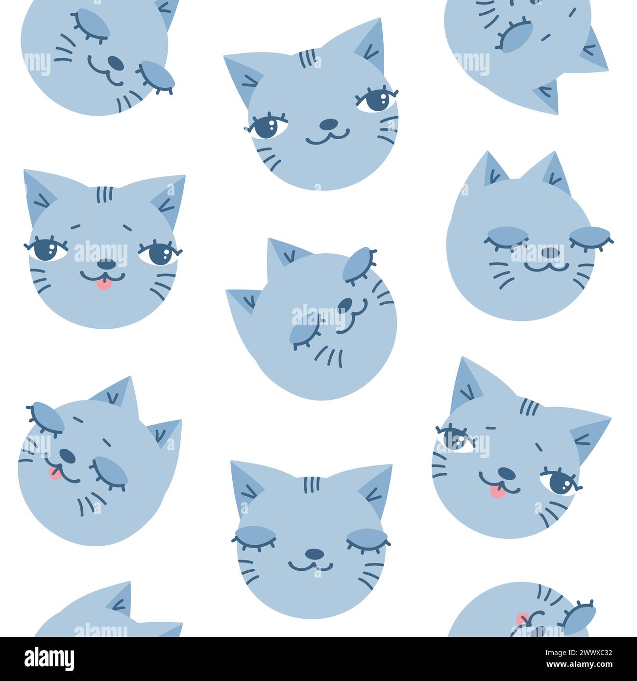 Cute hand drawn seamless pattern with cat heads. Kitten seamless pattern. Cartoon childish ...