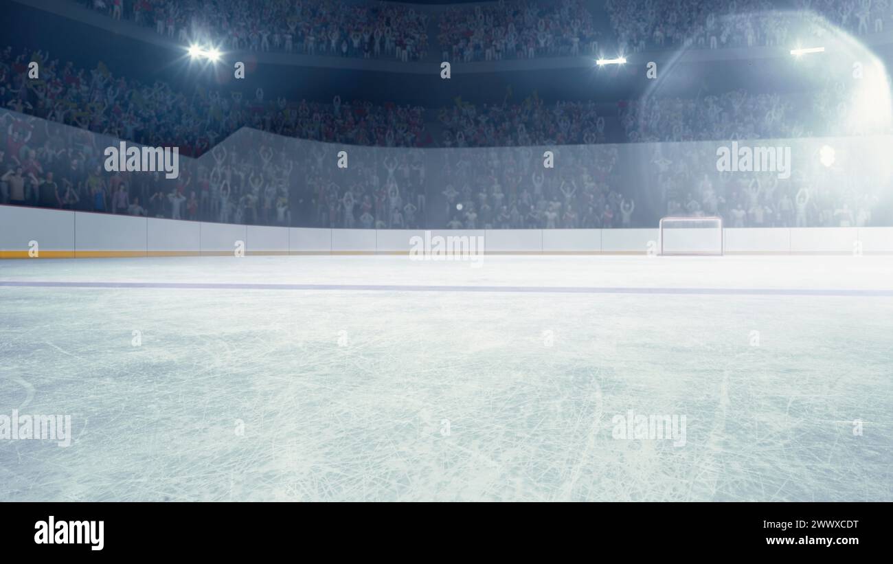 3D render of hockey arena with blurred fan zone, flashlights. Empty ice ...