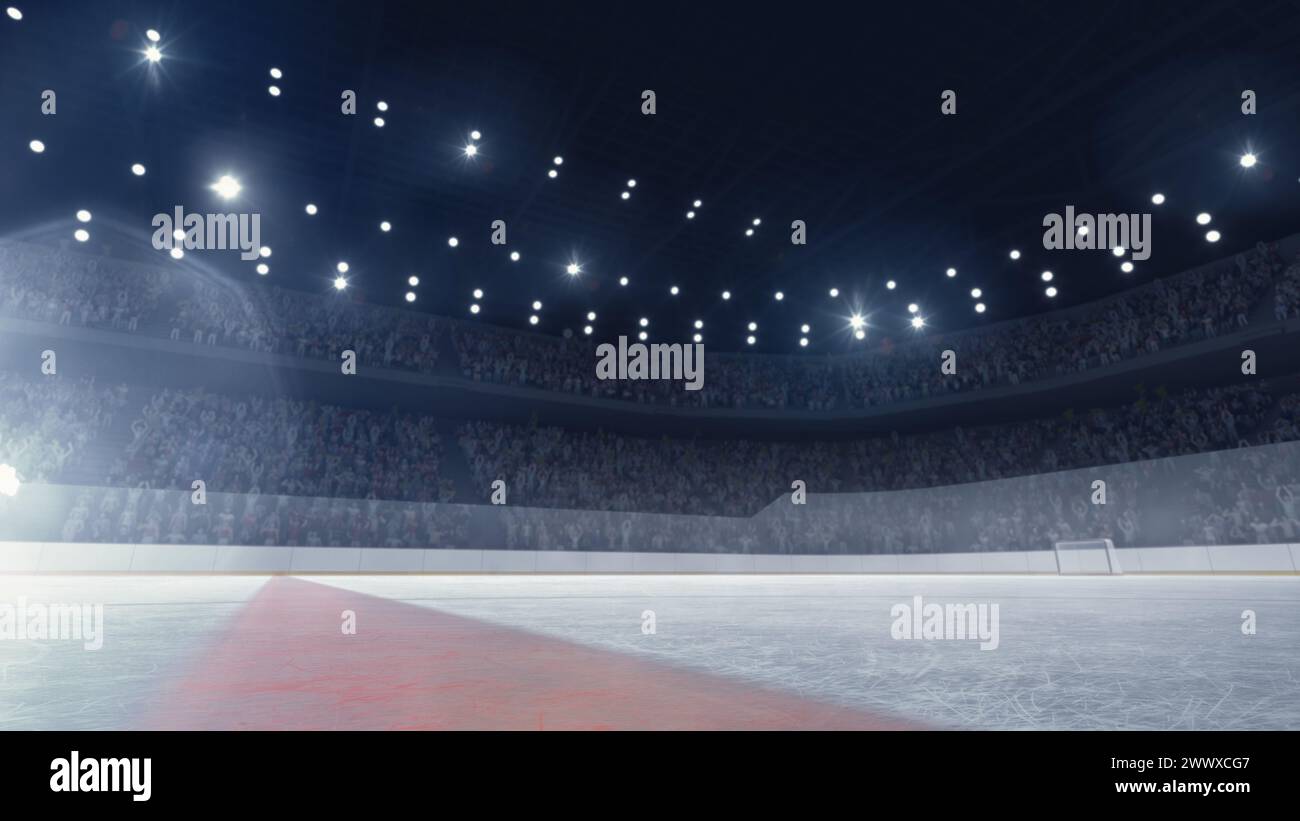 3D render of empty hockey arena with blurred fan zone, flashlights ...
