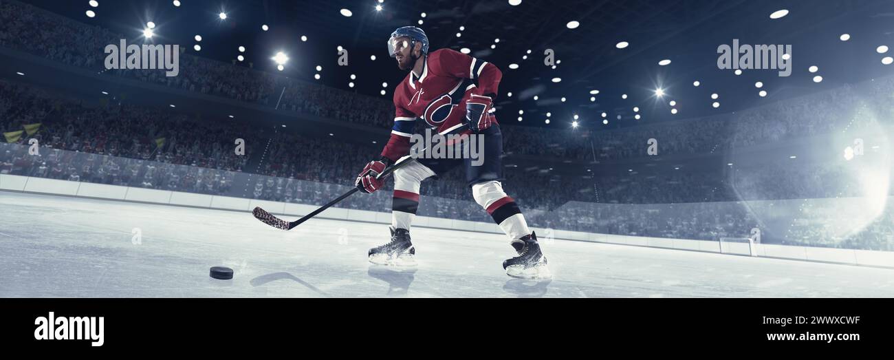 Dynamic image of competitive man, professional hockey player in uniform ...