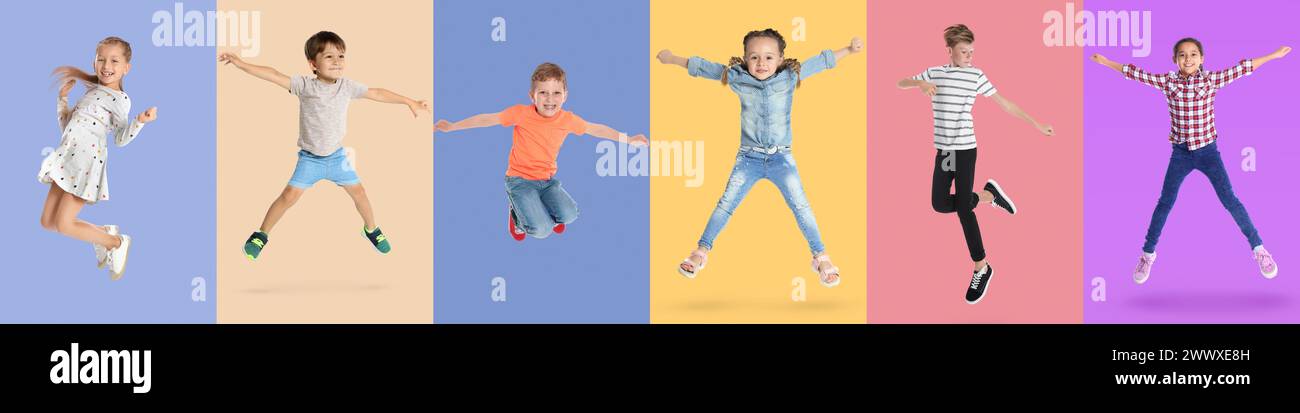 Group of children jumping on color backgrounds, set of photos Stock ...