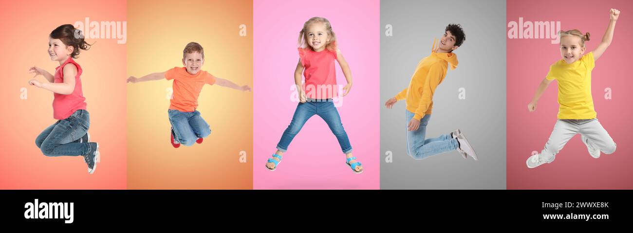 Group of children jumping on color backgrounds, set of photos Stock ...
