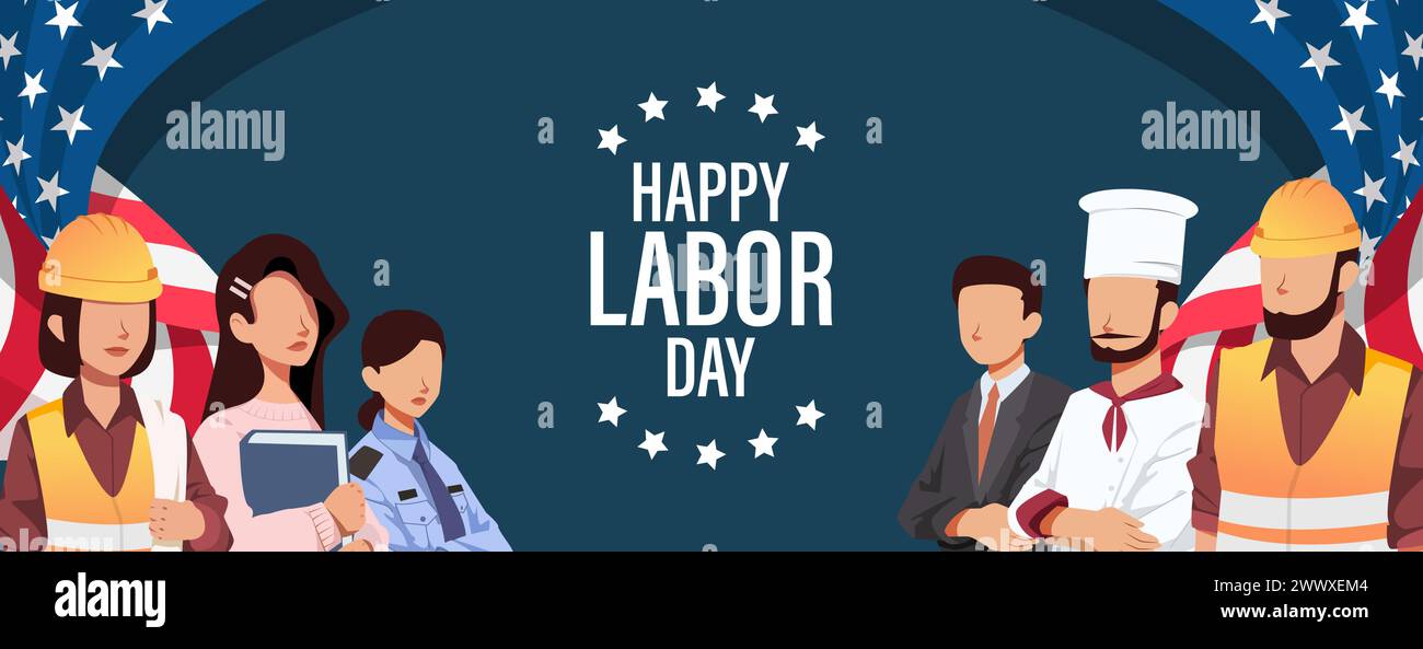 Happy Labor Day Vector Illustration with Labor Character and US Flag. Suitable for Template ...