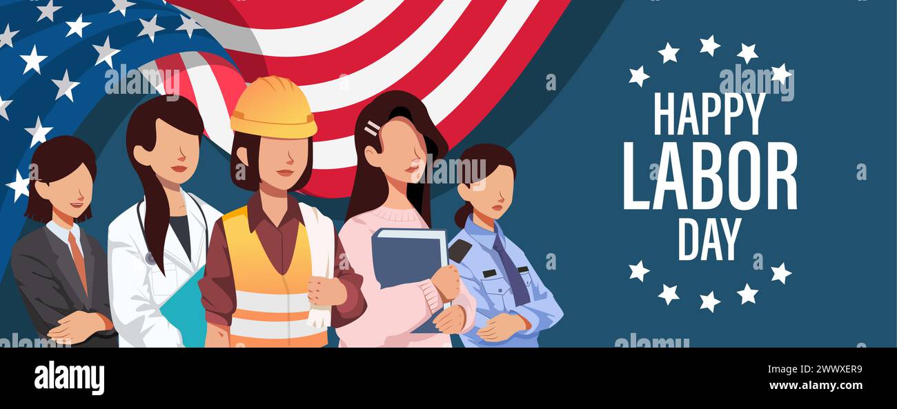 Happy Labor Day Vector Illustration with Labor Character and US Flag. Suitable for Template ...
