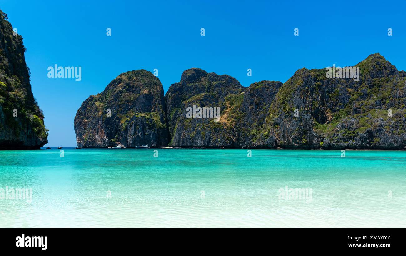 Beautiful Maya Bay beach on Phi Phi Ley island in Thailand Stock Photo ...