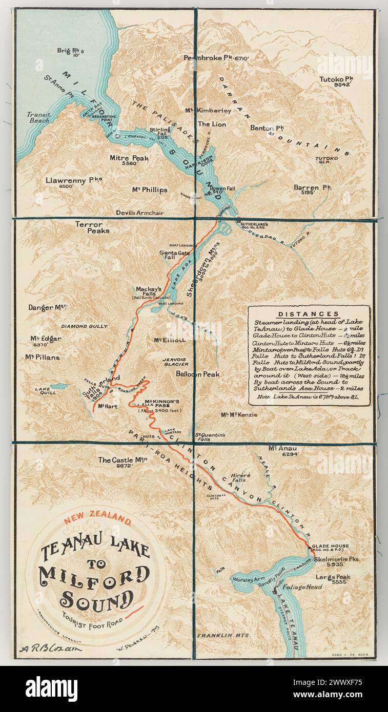 Vintage Map of the Milford Track, New Zealand, Te Anau Lake to Milford ...