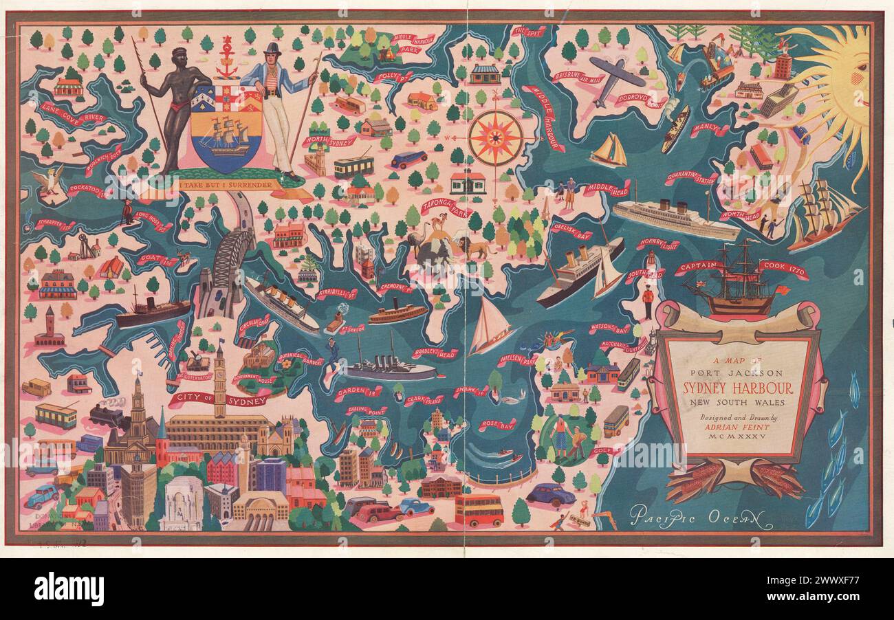 Vintage Pictorial Map. A map of Port Jackson, Sydney Harbour, New South ...