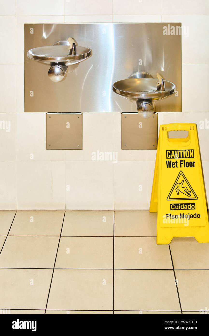 A wet floor warning sign strategically placed in a public space with ...