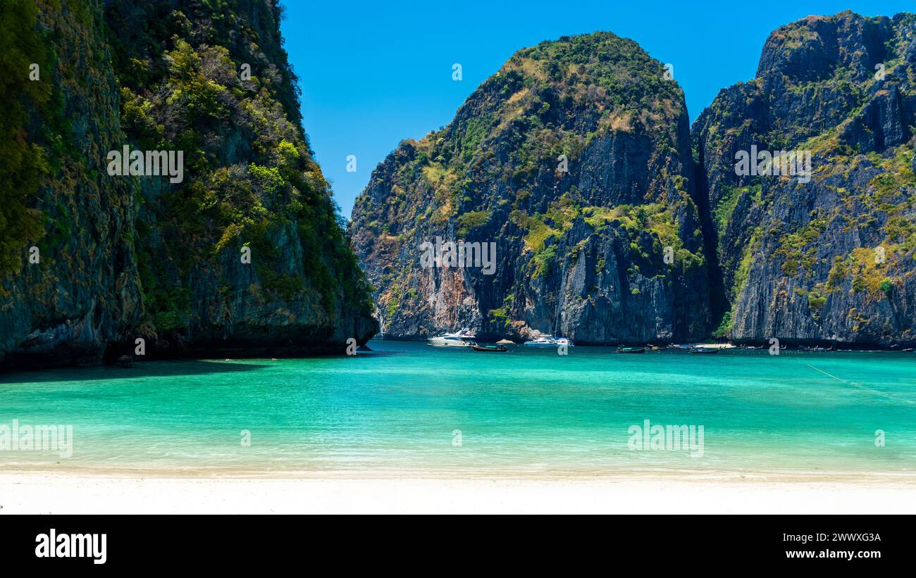Beautiful Maya Bay beach on Phi Phi Ley island in Thailand Stock Photo ...