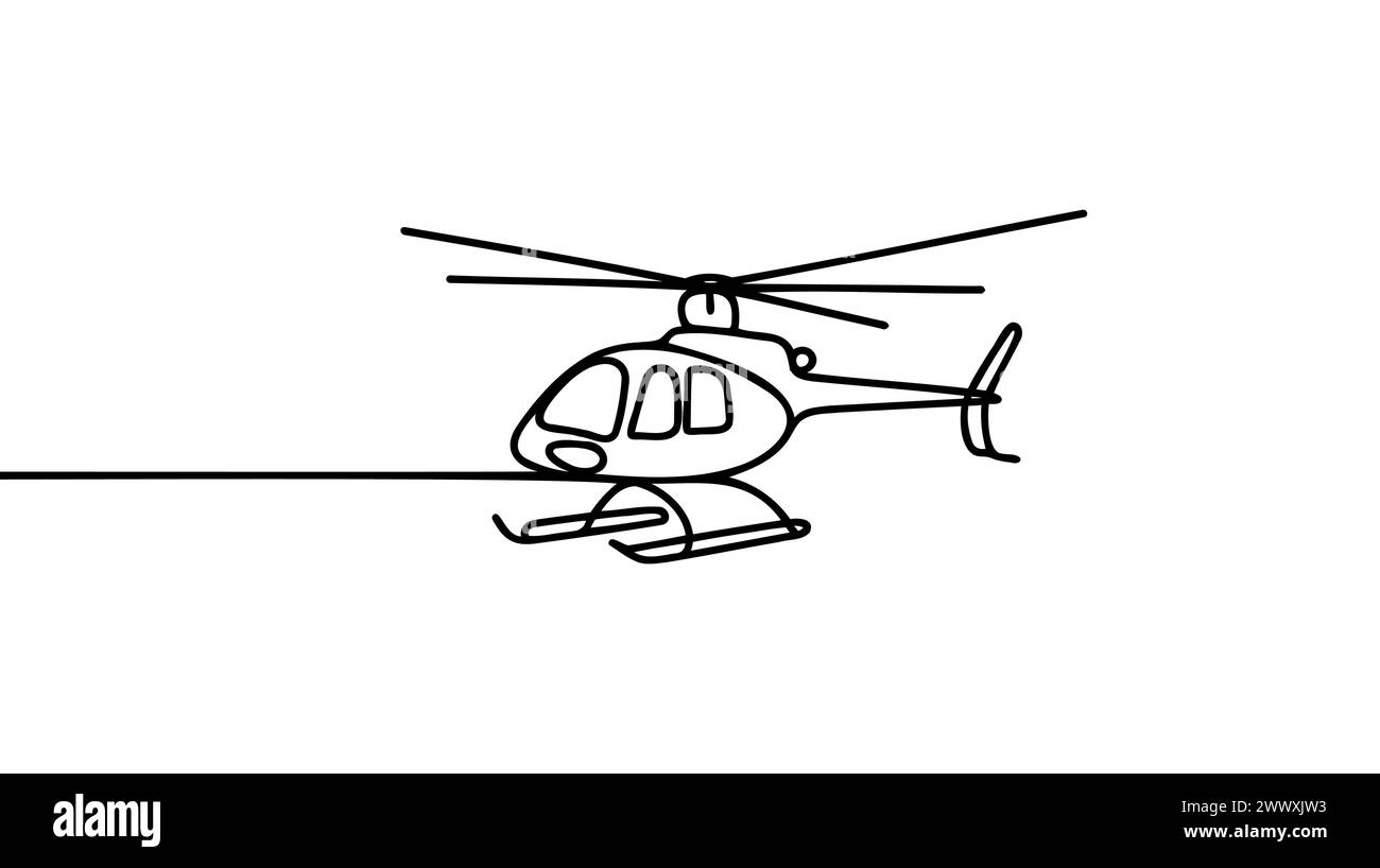 Continuous line helicopter in flight. Drawing black thin line on white ...