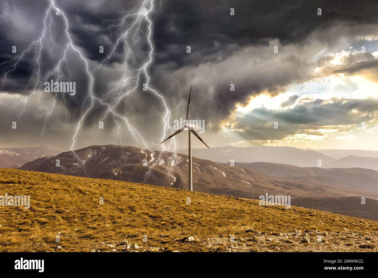 Lightning storm of a thunderstorm over a wind farm in the Italian ...
