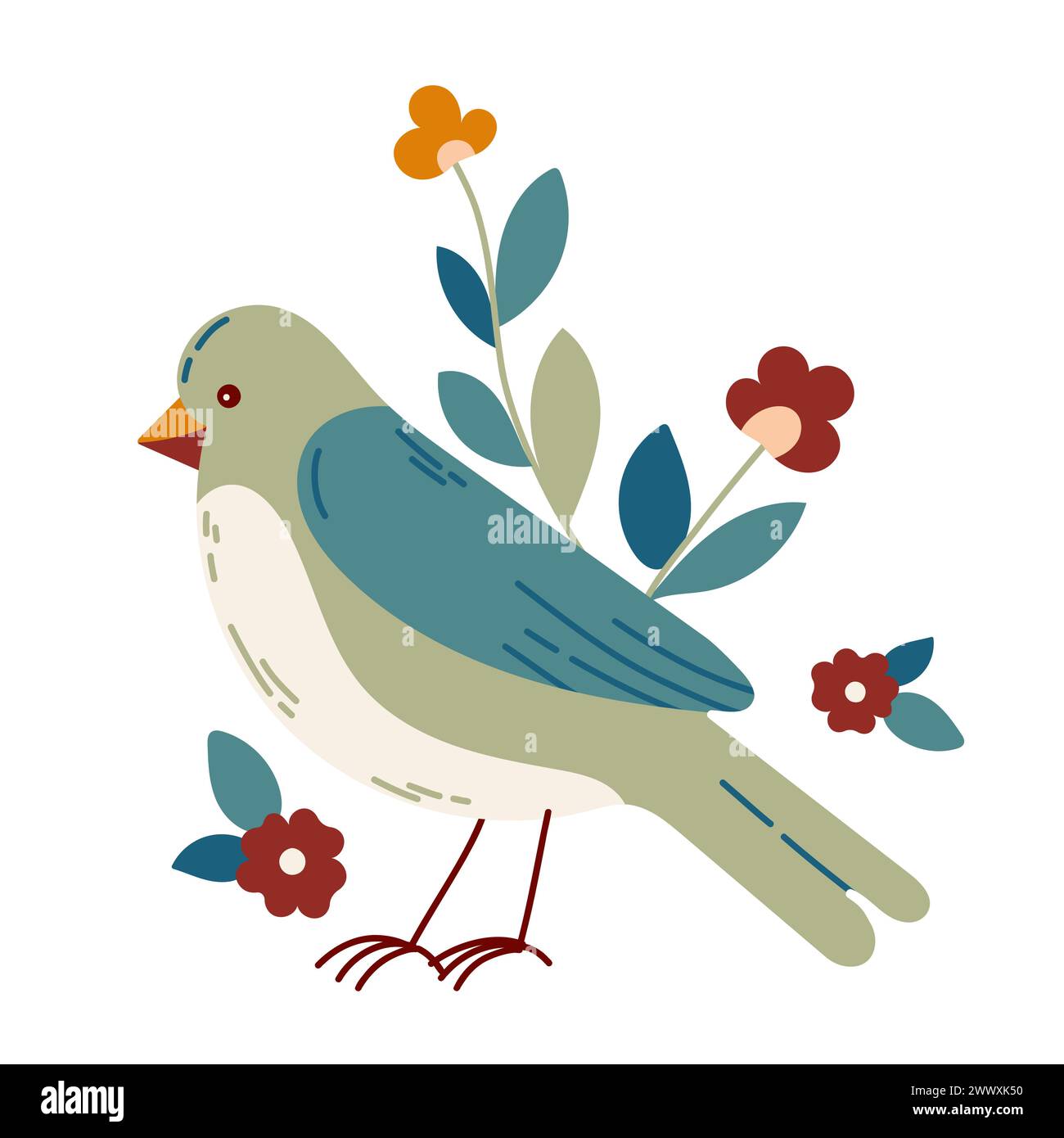 Bird and flowers with different ornaments. Bird in simple cartoon style ...