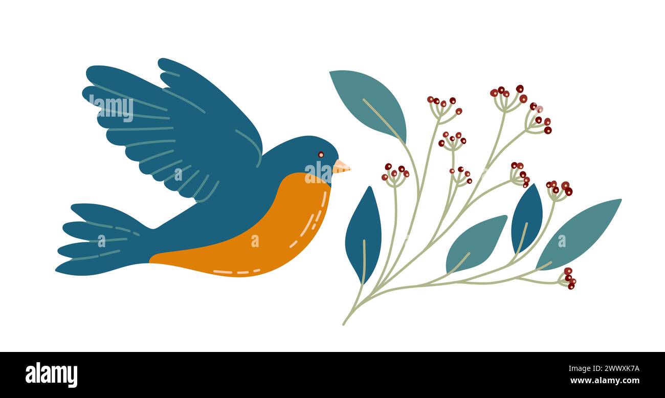 Bird and flowers with different ornaments. Bird in simple cartoon style ...