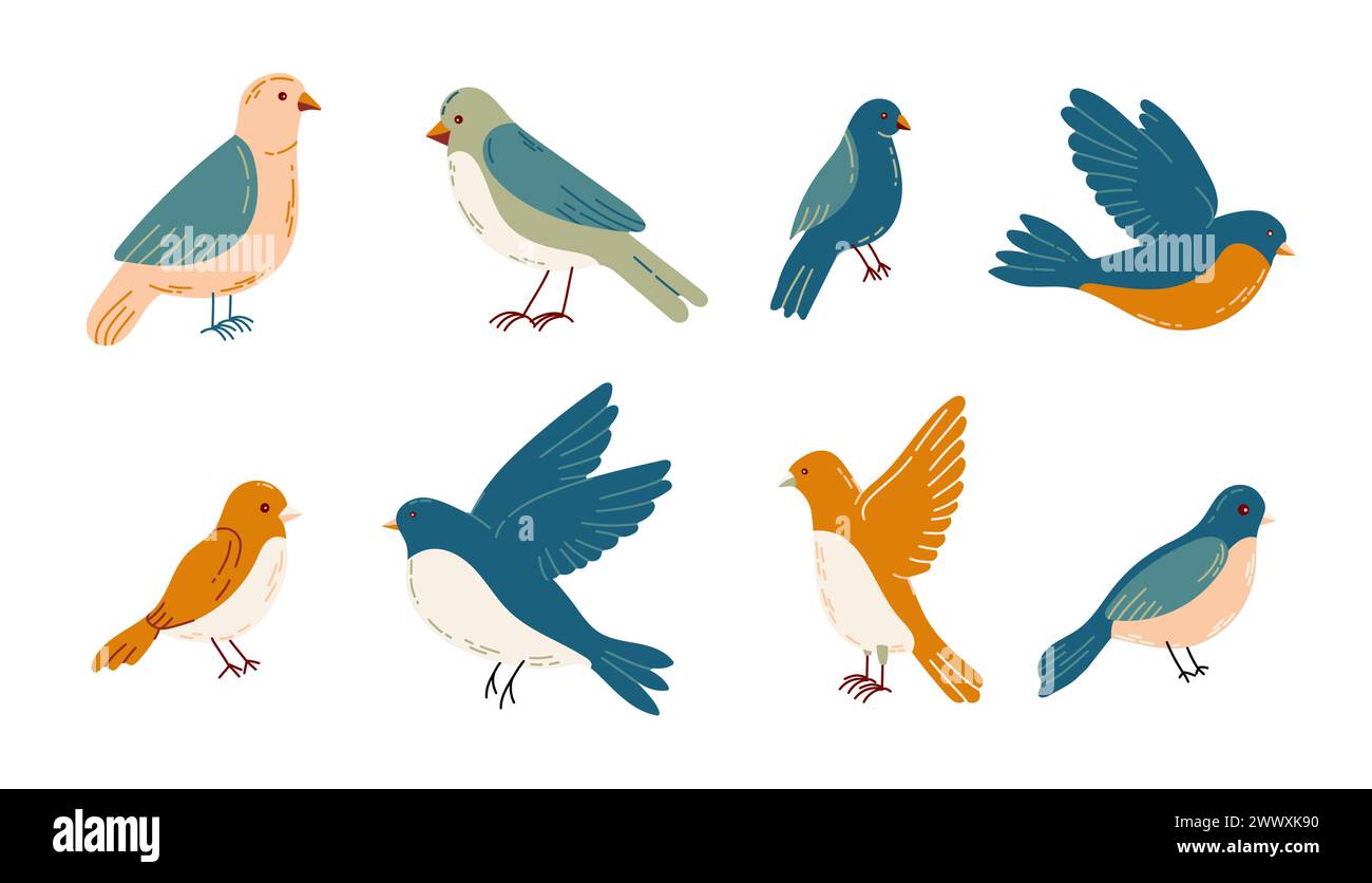 Set of spring birds. Different birds in simple cartoon style. Flat ...