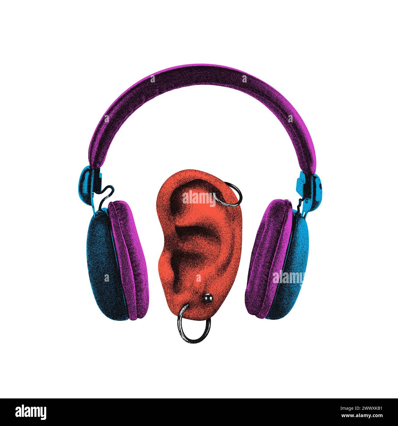 Human ear with piercing and headphones against white background. Grainy ...