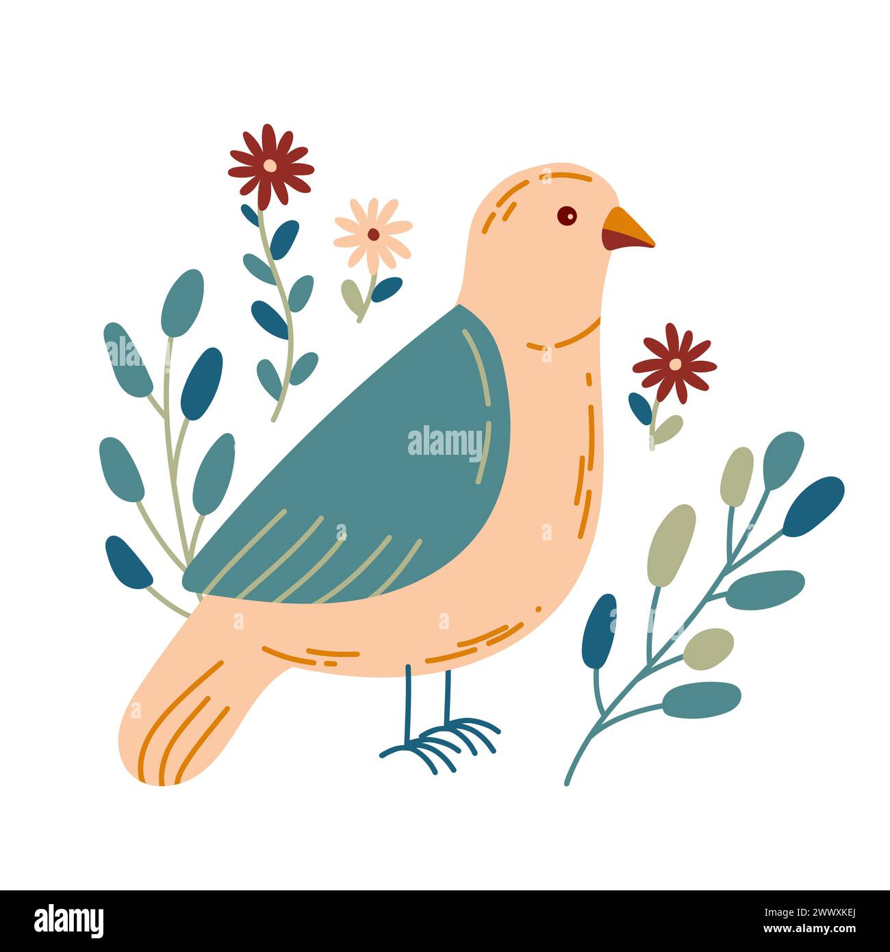 Bird and flowers with different ornaments. Bird in simple cartoon style ...