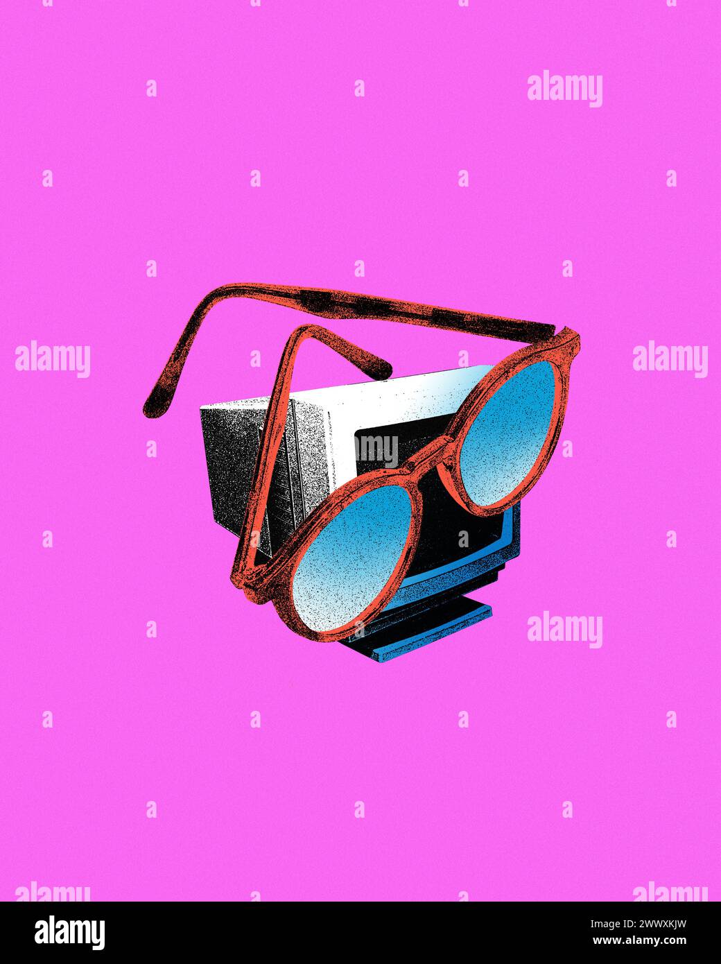 Tired of work. Retro computer monitor and glasses against pink ...