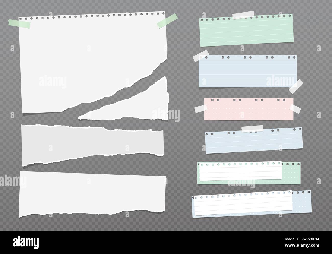 Set of torn white and colorful note paper pieces are on grey background ...