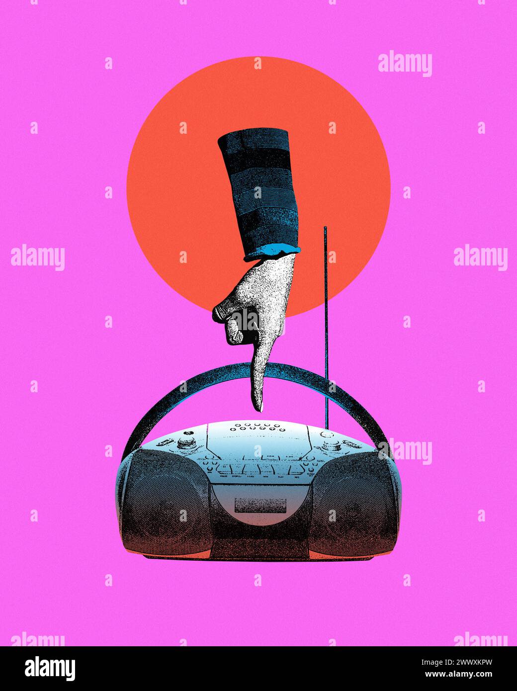Hand turning on retro music player, radio against pink background ...