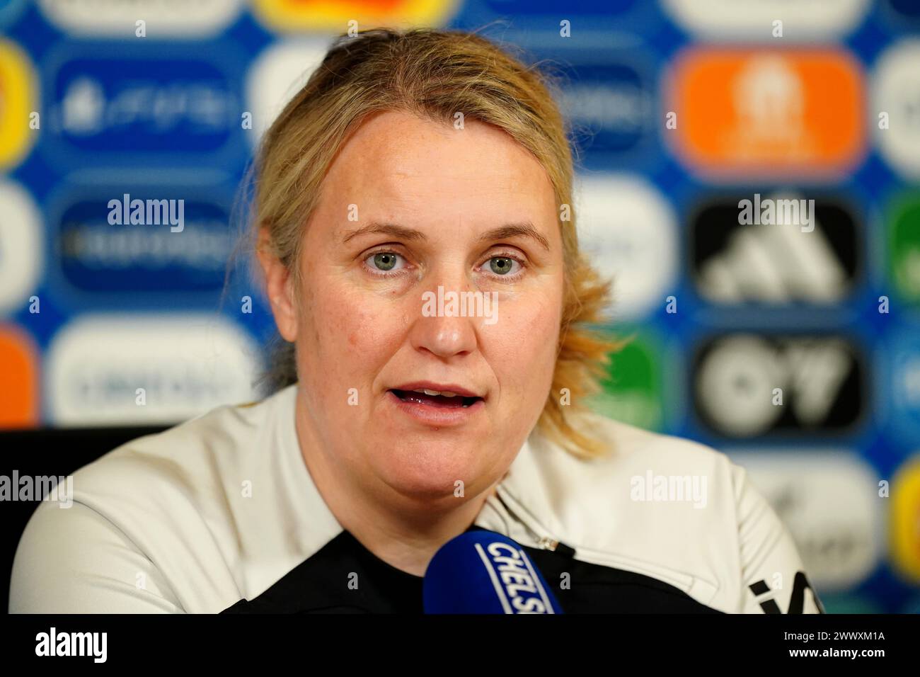 Chelsea manager Emma Hayes during a press conference at Cobham Training ...